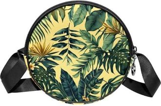 Generic Sac &agrave; bandouli&egrave;re rond pour femme, motif feuilles color&eacute;es, petit sac &agrave; bandouli&egrave;re avec fermeture &eacute;clair, bretelles r&eacute;glables, sac &agrave; main rond d&eacute;cont