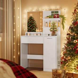 Vasagle Schminktisch, Frisiertisch, mit Spiegel, Aufbewahrungsfach, 2 verstellbare Ablagen hinter der TÜr, 1 Schublade, 2 Ablagen, weiß RDT119W01