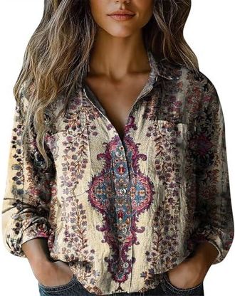 Generico Chemise D&eacute;contract&eacute;e &agrave; Manches Longues T Shirt en Lin Coton &Eacute;l&eacute;gant Grande Taille Blouse Col en V Doux Chemisier Vintage Imprim&eacute; avec Boutons L&eacute;ger Ch