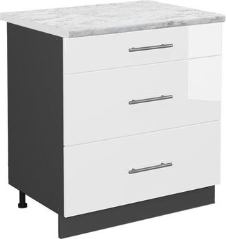 Vicco Meuble cuisine Fame-Line, Blanc Haute brillance, 80 cm avec 3 tiroirs, pt Marbre