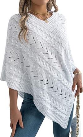 Generic Poncho en tricot pour femme, cape irrégulière et sanctuaire, haut décontracté, tendance, châle tricoté léger pour lautomne et lhiver, blanc, XL