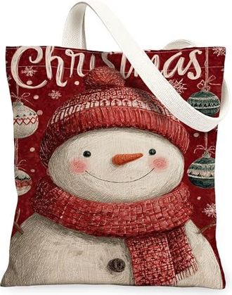 Generic Sacs fourre-tout en toile motif bonhomme de neige de No&euml;l, sacs d&eacute;picerie r&eacute;utilisables, vintage, l&eacute;gers et lavables avec bandouli&egrave;re, Rouge, 13x15 In