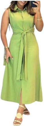 Generic Robe Chemisier sans Manches pour Femme, Robe Chemise d&eacute;contract&eacute;e &agrave; Ceinture, sans Manches, boutonn&eacute;e (Green,M)