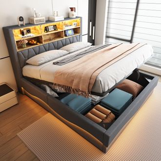 Generic LAKFEW Doppelbett Polsterbett 180x200 cm mit LED-Lichtband und USB-Kopfteil, Hydraulisch Bett mit Stauraum, Bettgestell mit Lattenrost, Schlafzimmer M