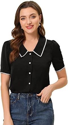Allegra K Chemise à col Claudine pour Femmes Bouffantes à Manches Courtes boutonnée en Mousseline de Soie Chemisier Haut Noir L