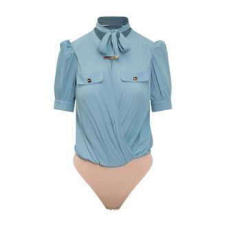 Elisabetta Franchi Femme, Tops, Bleu, Taille: 38 FR Bow Tie Puff Sleeve Bodysuit