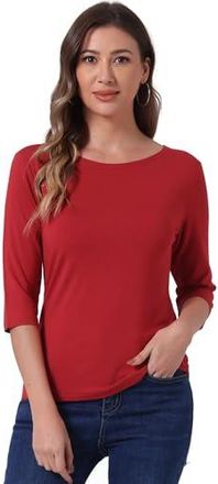 Allegra K T-Shirt ajusté à col Rond à Manches coudées pour Femme Rouge Vif L
