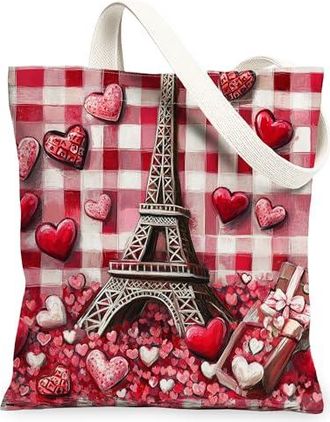 Generic Sacs fourre-tout r&eacute;utilisables en toile pour la Saint-Valentin, motif tour de Paris, sacs d&eacute;picerie, sacs d&eacute;picerie l&eacute;gers, lavables en toile pour le 