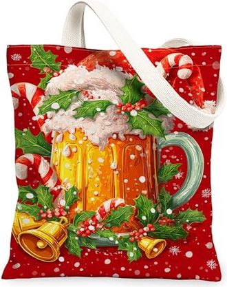 Generic Sacs fourre-tout en toile de houx de No&euml;l, motif floral festif, sacs d&eacute;picerie r&eacute;utilisables, vintage, l&eacute;gers et lavables avec bandouli&egrave;re, Rouge, 13x