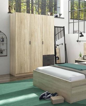 Dmora Vestiaire Allentown, Armoire de chambre &agrave; 3 portes et 3 tiroirs, Armoire avec barre &agrave; v&ecirc;tements et 3 &eacute;tag&egrave;res, cm 121x52h180, Ch&ecirc;ne et Oxyde