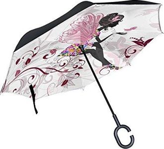 JSTEL Parapluie inversé double couche motif fée des fleurs avec papillons - Parapluie de voiture inversé coupe-vent - Parapluie de pluie pour voiture extéri