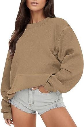 Generic Pull léger sans capuche pour femme - Sweat à capuche uni - Avec poches - Vestes thermiques - Vêtements de sport - Vêtements dextérieur chauds, kaki, X