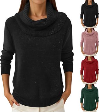 Generic Glitzer Pullover Damen Strickpullover Pailletten mit Langen &Auml;rmeln Locker Gestrickt Festliche Pullover Rollkragenpullover Oberteile Gl&auml;nzendes mit Was