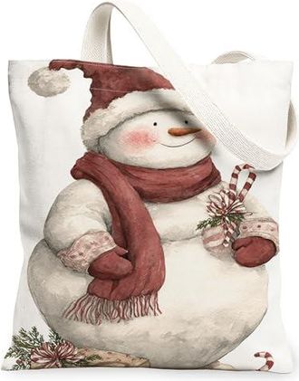 Generic Sacs fourre-tout en toile motif bonhomme de neige dhiver, sacs de courses r&eacute;utilisables, sacs de courses vintage, chic, l&eacute;gers et lavables, blanc, 13x