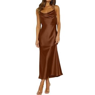 Generic Robe midi &eacute;l&eacute;gante avec bretelles spaghetti en satin - Col cascade - Dos nu - Robe midi &eacute;l&eacute;gante avec fronces &agrave; larri&egrave;re - Robe Cendrillon, caf&eacute;, XXL