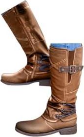 Generic Bottes mi-mollet &agrave; talons bas pour femme en similicuir - Chaussures de marche larges - Vintage - Fermeture &eacute;clair - Bottes mi-mollet pour femme - Bott