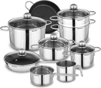 Karcher 113577 Batterie de cuisine Jette (14 pièces, avec 5 couvercles en verre, inox, convient aux plaques à induction, lavable au lave-vaisselle)