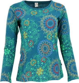 Guru Shop Besticktes Langarmshirt Hippie Chic Retro - T&uuml;rkisblau, Damen, Baumwolle, Size:XL
