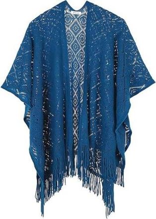 Generic Ch&acirc;le crochet &agrave; franges pour femme, cardigan l&eacute;ger ouvert sur le devant, ch&acirc;le boh&eacute;mien, bleu, taille unique