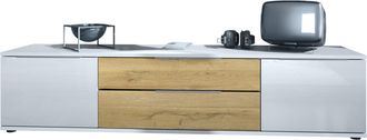 Vladon TV Lowboard Linio V2, Fernsehtisch mit 2 Türen und 2 Schubladen - Weiß/Eiche Natur (166,5 x 37,5 x 35 cm)