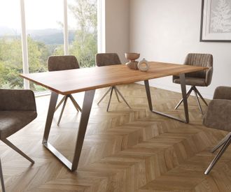 DELIFE Esstisch Edge 200x100 S Akazie Natur Edelstahl Schräg Live-Edge, Esstische, Baumkantenmöbel, Massivholzmöbel, Massivholz