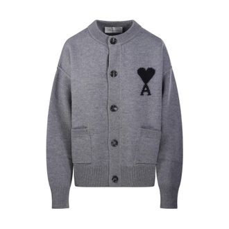Ami Quota Crewneck Cardigan mit kontrastierendem Ami de Coeur - - Knitwear - Damen - Grau - S