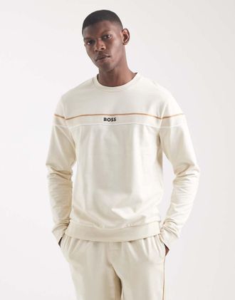 HUGO BOSS Iconic - Lounge-Sweatshirt in Creme mit Logo auf der Brust, Kombiteil-Wei&szlig;