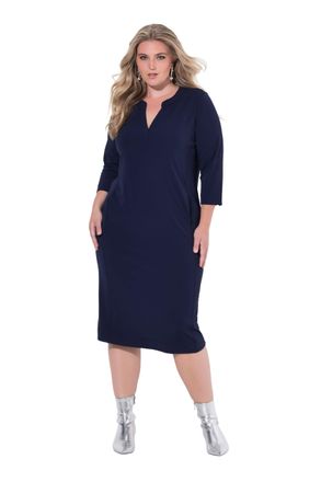 Ulla Popken Damen gro&szlig;e Gr&ouml;&szlig;en &Uuml;bergr&ouml;&szlig;en Plus Size Kleid, Tunika-Ausschnitt, 3/4-Arm, Taschen Marine 54+ 838378770-54+