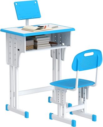 HOMCOM Kinderschreibtisch und -Stuhl mit Leseständer, Ablagefach, Haken und Stifthalter - höhenverstellbar - 60 x 45 x 90-102 cm - blau