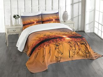 Abakuhaus Natur Tagesdecke Set, See-Sonnenuntergang-Foto-Szene, Set mit Kissenbez&uuml;gen Weicher Stoff, f&uuml;r Doppelbetten 220 x 220 cm, Mehrfarbig