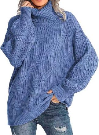 Generic Pull &agrave; col roul&eacute; Oversize pour Femme, Grosse Maille, Manches Longues, Bleu, Taille XX-Large