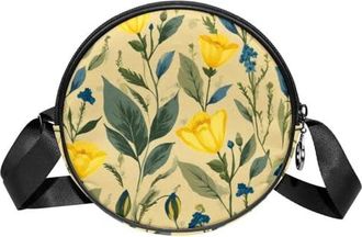 Generic Sac &agrave; bandouli&egrave;re rond pour femme, motif feuilles et fleurs, sac &agrave; dos avec fermeture &eacute;clair, bretelles r&eacute;glables, sac &agrave; main rond d&eacute;contract&eacute; pour fe