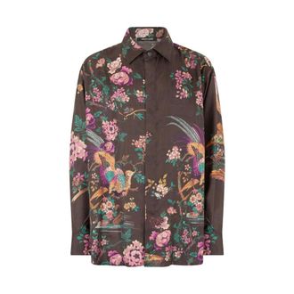 Roberto Cavalli Homme, Chemises, Multicolore, Taille: L Chemise en Soie à Imprimé Oiseaux Oriental