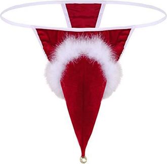 TiaoBug String Homme Sexy Velours sous-v&ecirc;tements Velvet Slip Motif No&euml;l Chapeau G-String Erotique Lingerie Costume de No&euml;l Fourrure Fantaisie Cosplay Underwea