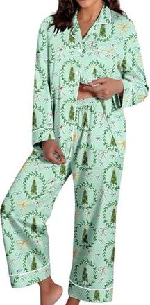 Generic Ensemble de pyjama de Noël pour femme - Joli pyjama de dessin animé - Joli Père Noël - Coupe droite - Vêtement de nuit boutonné à manches longues - Vê