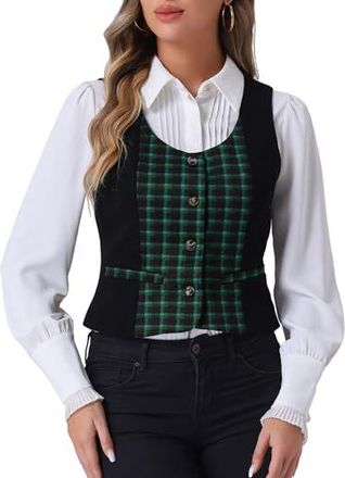 Allegra K Gilet Vintage Femme Plaid Boutonné Travail Habillé Gilets Vert XL