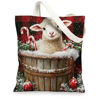Generic Sac fourre-tout en toile de mouton de No&euml;l pour faire du shopping, 33 x 38,1 cm, sac &agrave; bandouli&egrave;re r&eacute;utilisable pour femme, peinture danimaux, d&eacute;corat