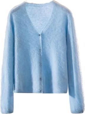 Generic Cardigan en laine de mouton et cachemire sans couture pour femme Col en V Manches longues Tricot &agrave; simple boutonnage, Bleu Cuiniao, Taille S