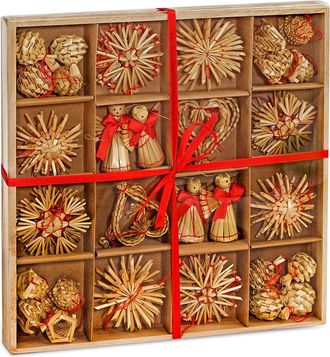 Brubaker 48-teiliges Set Strohsterne Weihnachtsbaumschmuck aus Stroh - bis zu 6,5 cm große Sterne Herzen Engel