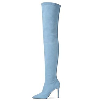 elashe Cuissardes Femme Bottes Bleu Clair Femme Talon Hiver Bottes Hautes &eacute;l&eacute;gantes En daim &agrave; talon aiguille 10 cm pointe fine avec fermeture &eacute;clair lat&eacute;rale