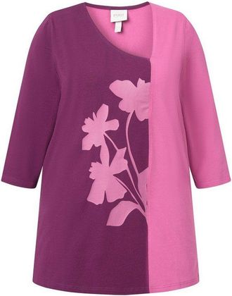 Ulla Popken T-Shirt Shirt Bl&uuml;ten V-Ausschnitt 3/4-Arm Biobaumwolle