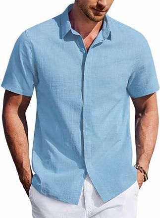 Coofandy Chemise Homme Manches Courtes Coton &Eacute;t&eacute; Chemise Casual Homme Plage Vacances Confort Respirante avec Boutons Cach&eacute;s Bleu Clair XL