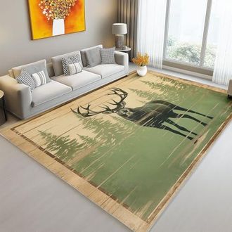 Generic Vert Lavable en Machine Tapis Salon R&eacute;tro for&ecirc;t cerf, 160 x 230 cm Doux Tapis de Sol Pelucheux Dessous Antid&eacute;rapant, Entree Interieur Chambre Couloir