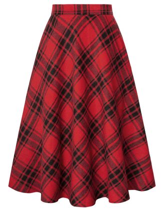 Belle Poque Damen Karierten R&ouml;cke Vintage Hoch Taillierte A-Linie Midi-Rock mit Taschen Vielseitige Faltenr&ouml;cke f&uuml;r Damen