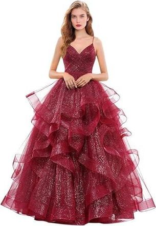 Generic Robe de bal en tulle pailleté avec col en V et bretelles spaghetti, robe de demoiselle dhonneur, robe de soirée formelle longue à étages, rouge vin, 5