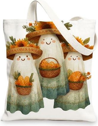 Generic Sacs fourre-tout en toile motif fantôme, sacs dépicerie réutilisables, fantaisie, vintage, léger, lavable, blanc, 13x15 Inch