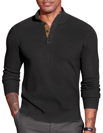 Coofandy Herren Pullover Half Neck Stehkragen Retro Strickpullover mit 1/21 Kn&ouml;pfe Wildleder Pulli Winterpullover Sweater Schwarz 3XL