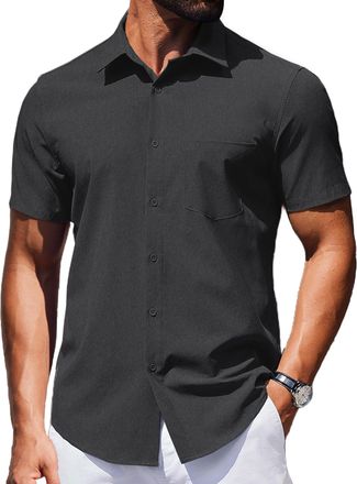 Coofandy Herren Hemd Sommer Kurzarmhemd Button Down Arbeitshemd Casual Shirt Einfarbig Freizeit Hemden Schwarz XL