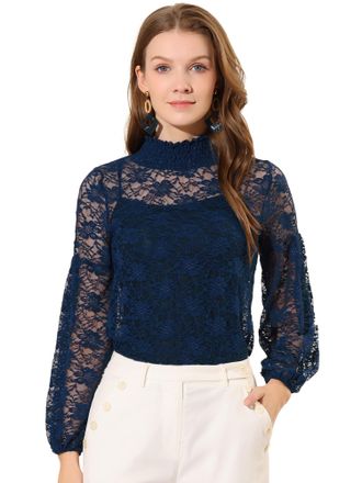 Allegra K Damen Spitze Spitzenbluse Langarm Stehkragen R&uuml;schen Blumen Top Bluse Dunkelblaue S