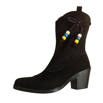 Generic Bottes de cowboy larges et d&eacute;contract&eacute;es pour femme - &Eacute;l&eacute;gantes - Couleur unie - Talon &eacute;pais - Noeud - Confortables - Pour lautomne et lhiver, Noir, 3